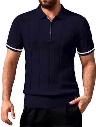 Generic Polo l&eacute;ger et respirant pour homme, coupe classique, d&eacute;contract&eacute;, vintage, boutonn&eacute;, confortable, extensible, t-shirts dext&eacute;rieur, bleu marine, XXL