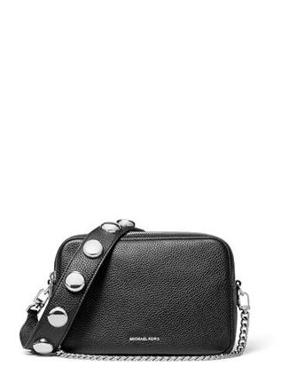 Michael Kors Bryant Sac à bandoulière avec double fermeture éclair pour appareil photo Taille M, Matériel argenté/cuir grainé avec sangle cloutée dôme/noir, One Si