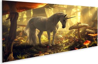 Islandburner Bild auf Leinwand Einhorn Im Zauberwald Mit Pilzen Und Sonnenstrahlen Bilder Wandbilder Poster