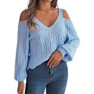 Generic 2026 Printemps Femmes Automne Hiver Casual Couleur unie &Eacute;paule D&eacute;nud&eacute;e Pull Manches, bleu, M