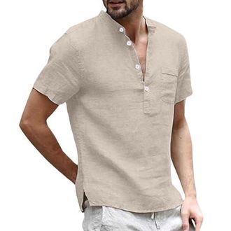 Generic Chemise d&eacute;t&eacute; boutonn&eacute;e en lin pour homme - Chemise d&eacute;t&eacute; en coton et lin - Chemise de plage l&eacute;g&egrave;re - &Eacute;l&eacute;gante chemise de vacances - Chemise &agrave; manches l