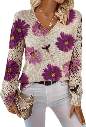 TOMWELL Pull Femme Imprim&eacute; Floral Chic Chaud Pullover Automne Hiver Pulls Col V Manche Longue Sweater A Violet L