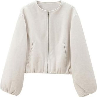 Generic Blouson bomber court décontracté tendance à col rond avec fermeture éclair et poches passepoilées pour femme Automne Hiver, blanc, XS