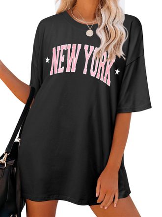 Dresswel Oversized T Shirt Damen New York Brief drucken Vintage T-Shirt Kurzarm Rundhals Sommer Oberteile Lose Bluse Lang Tunika Top für Teenager Mädchen