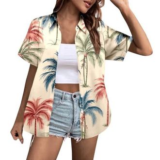 Generic Chemise hawa&iuml;enne de croisi&egrave;re &agrave; manches courtes boutonn&eacute;e pour femme - Chemise tropicale des Cara&iuml;bes tendance hawa&iuml;enne - Palmier hawa&iuml;en - Chemise 