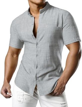 JOGAL Chemise en lin à manches courtes pour homme - Coupe droite - Chemise dété boutonnée - Chemise de loisirs, gris, XXL