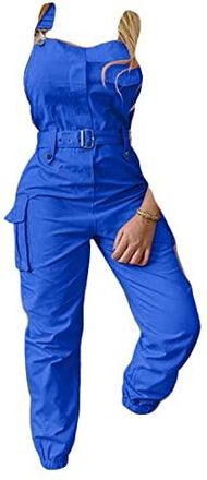 ORANDESIGNE Salopette Cargo Femme sans Manches Combinaisons Ceintur&eacute;es &agrave; Bretelles R&eacute;glables Mode Pantalon &agrave; Bavette D&eacute;contract&eacute; avec Poches A Bleu XL