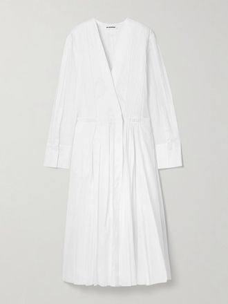 Jil Sander Midikleid Aus Baumwollorganza Mit Biesen, Wickeleffekt Und Plissierten Partien - Wei&szlig;
