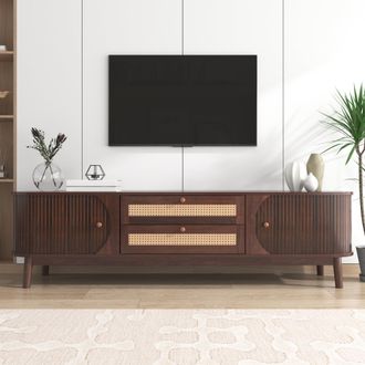 Generic Landhausstil TV-Schrank mit T&uuml;ren Schubladen TV-St&auml;nder mit Rattanseiten Lowboard f&uuml;r Schlafzimmer Wohnzimmer Unterschrank TV M&ouml;bel Tisch Braun