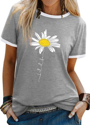 Dresswel Damen Let It Be T Shirt Gänseblümchen Grafik Druck T-Shirt Kurzarm Rundhalsausschnitt Tee Shirts Oberteile Sommer Tops(2-Grau,2XL)