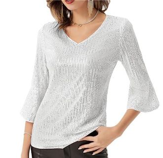 Grace Karin Femmes Haut &agrave; Paillettes Col V Manches 3/4 &Eacute;vas&eacute;es Dos Ouvert Longueur Hanches Soir&eacute;e