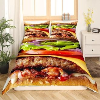 Generic Housse de Couette 240 x 260 Hamburger Parure de Lit 2 Personnes ImpriméS Alimentaires 3 Pièces Housse Couette en Microfibre Douce Imprimé 3D avec 2 Ta