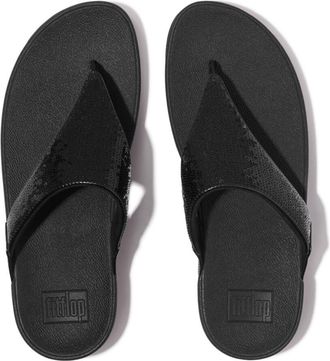 FitFlop Damen Lulu Pailletten Flip Flops, Zehenstegsandalen, bequem mit nat&uuml;rlicher Fu&szlig;gew&ouml;lbest&uuml;tze - Schwarz - 39 EU