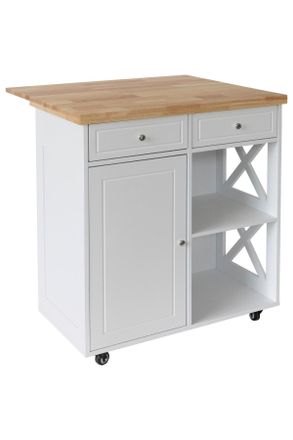 MID.YOU Mid.you Servierwagen Kitchen trolley, Wei&szlig;, Metall, Kautschukholz, vollmassiv, 2 Schublade(n) Schubladen, rechteckig, Rollen, 90x68x89 cm, einfacher A