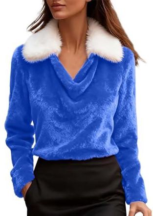 Generic Pull de Noël pour femme UK 2025 - Col rabattu - Manches longues - Hiver - Tendance - Décontracté - Doux et confortable - Coupe ample, bleu, XXL