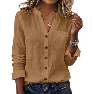 Generic Chemise boutonn&eacute;e en lin pour femme, col mandarin, manches longues, tunique d&eacute;contract&eacute;e avec poche de poitrine, hauts d&eacute;contract&eacute;s, kaki, XXL