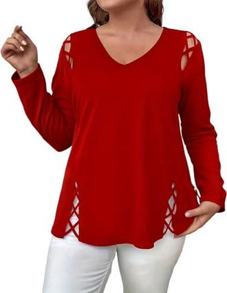 Generic Hauts grande taille pour femme, tunique longue, d&eacute;contract&eacute;e, style croix, couleur pure, coupe ample, col en V, chemisier de f&ecirc;te r&eacute;tro pour sortir, R