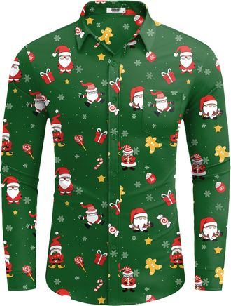 Coofandy Herren Weihnachtshemd Langarm Gedruckte Weihnachten Freizeithemd Funky Christmas Hemd mit Taschen Gr&uuml;n 3XL