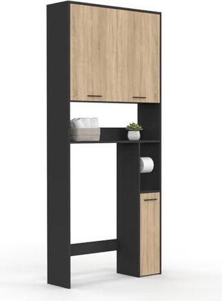 IDMarket Meuble &eacute;tag&egrave;re Dessus WC Wallis Noir et Bois fa&ccedil;on h&ecirc;tre