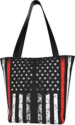 AOOEDM Distressed Fire Fighter Thin Red Line Flag Tote Bag Femmes Capacit&eacute; &Eacute;paule &Eacute;picerie Sacs