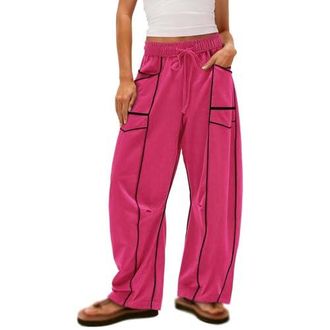 Generic Pantalon baggy baggy avec cordon de serrage pour femme, pantalon de surv&ecirc;tement ample &agrave; jambes larges avec cordon de serrage et poches, rose rouge, XX