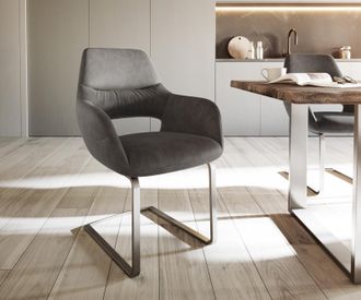 DELIFE Freischwinger Yago-Flex mit Armlehnen Mikrofaser Anthrazit Vintage Freischwinger flach Edelstahl Taschenfederkern, Esszimmerstühle