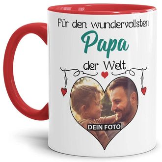 Tassendruck Tasse mit Spruch - Wundervollster Papa der Welt - personalisiert mit Wunschfoto - Geschenkidee f&uuml;r den besten Papa - Innen & Henkel Rot, 300 ml