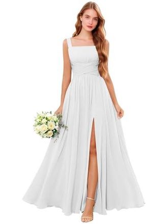 Generic Robe de demoiselle dhonneur en mousseline de soie plissée à col carré avec poches pour femme - Robe de soirée formelle trapèze avec fente, blanc, 52 G