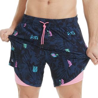 Maamgic 2 in 1 Badehose f&uuml;r Herren mit Kompression Innenhose | 7 Schnelltrocknend Badeshorts M&auml;nner 4 Way Stretch Boardshorts mit Rei&szlig;verschlusstasche Verstel