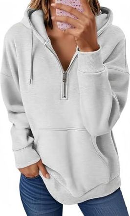 Generic Sweats &agrave; capuche surdimensionn&eacute;s &agrave; manches longues et demi-fermeture &eacute;clair pour femme, v&ecirc;tements dautomne tendance avec poches, gris, XXL