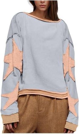 Generic Sweat &agrave; capuche athl&eacute;tique &agrave; col rond pour femme &agrave; manches longues Y2K coupe ample style sportif &eacute;paules tombantes graphique r&eacute;tro confortable pull mi