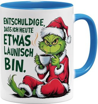OM3 lustige Anti Weihnachten Kaffee-Tasse mit Spruch - Entschuldigung, dass ich so launisch bin - Keramik Becher - 325ml - Beidseitig Bedruckt - Hellblau