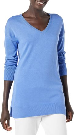 Amazon Essentials Damen Leichter Tunika-Pullover Mit Langen Ärmeln Und V-Ausschnitt (Erhältlich In Übergröße), Blau, XXL