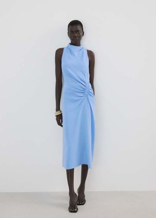 Mango Robe fronc&eacute;e avec col drap&eacute; lat&eacute;ral bleu ciel - Femme - XL - MANGO