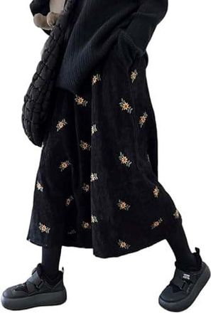 Generic Jupes longues en velours c&ocirc;tel&eacute; avec broderie florale vintage pour femme, Noir, XL