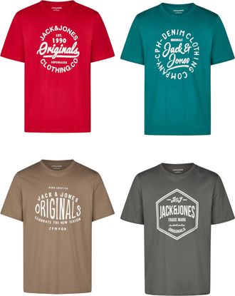 Jack & Jones Tshirt Herren Regular Fit JJLINO 4er Pack Set Pack Rundhals Kurzarm Sommer Tee Shirt Print, Größe:XL, Farbe:Pack 2