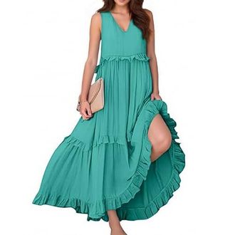 Generic Robe d&eacute;t&eacute; pour femme - Col sans manches - Avec plis en couches - Jupe longue ample et fluide - Plage &eacute;l&eacute;gante et d&eacute;contract&eacute;e, Vert menthe., XXL