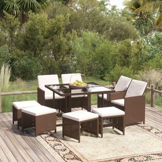 vidaXL 9-tlg. Garten-Essgruppe mit Kissen Poly Rattan Braun - Vidaxl