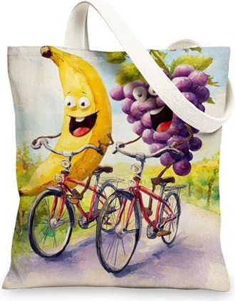 Generic Sac fourre-tout amusant en toile, motifs fruits colorés, sacs dépicerie réutilisables, légers et lavables avec bandoulière, multicolore, 13x15 Inch