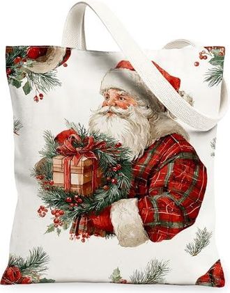 Generic Sacs fourre-tout en toile de No&euml;l, motif P&egrave;re No&euml;l vintage, sacs de courses r&eacute;utilisables, sacs de courses festifs, respectueux de lenvironnement, l&eacute;g