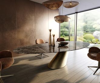 DELIFE Esstisch Edge Oval 315x150 cm Keramik Emperador Extra Lucidato Dunkelbraun Cono Metallic Gold, Esstische