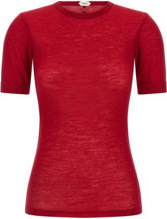 Versace Femme, Tops, Rouge, Taille: 36 FR T-shirt en maille c&ocirc;tel&eacute;e de laine brod&eacute;e