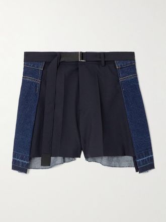 sacai Short En Jean Et En Tissu Technique &Agrave; Plis Et &Agrave; Ceinture - Bleu