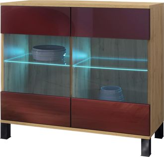 Vladon Kommode Bari V3, Moderner Küchenschrank mit 2 großen Glastüren inkl. RGB Beleuchtung Eiche Evoke/Bordeaux Hochglanz (92,5 x 84.5 x 35)