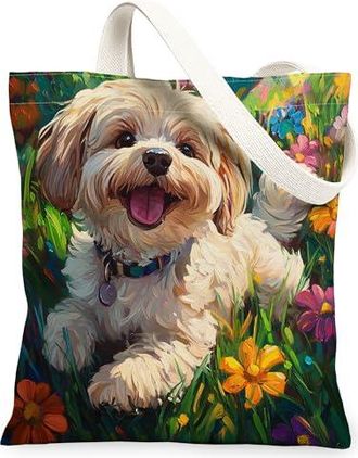 Generic Sac fourre-tout en toile motif chien cavachon printanier 33 x 38,1 cm, motif fleurs color&eacute;es, sac d&eacute;picerie r&eacute;utilisable pour femme, animal de compagn