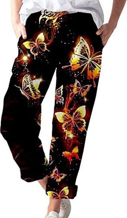 QUINTRA Pantalon décontracté et tendance pour femme avec poches imprimées en coton et lin Pantalons femmes Taille 52, rouge, M