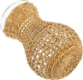 Cabilock Rattan Glasvase mit Handgewebtem Netz aus Nat&uuml;rlichem Rattan und Glas Dekorative Pflanzvase f&uuml;r B&uuml;ro Balkon und Wohnzimmer Stilvolle Einfache Blumenva