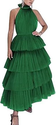 NA Robe de princesse à col haut et dos nu en tulle pour femme - Épaules dénudées, vert foncé, 46