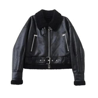 Generic Femme Automne Hiver Faux Cuir dagneau Fourrure Veste Courte avec Ceinture Chic Biker Épais Chaud Manteau, Noir, XS