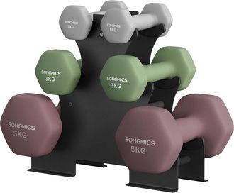 Songmics Kurzhantel Set, Hexagon, mit Hantelst&auml;nder, 2 x 1 kg, 2 x 3 kg, 2 x 5 kg, mattes Finish, Neopren-Beschichtung, Krafttraining, zu Hause, hellgrau, efeu